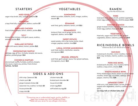 Tanoshii Menu In Bozeman Montana USA