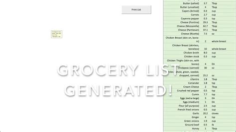 Grocery List Generator Excel Spreadsheet Recipe Database
