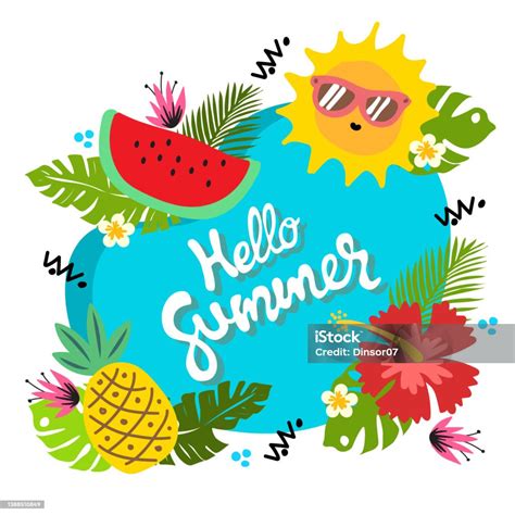 여름 컨셉선 수박 파인애플 배너 디자인 블루 배경 꽃 잎 신선한 벡터 0명에 대한 스톡 벡터 아트 및 기타 이미지 0명 개념 계절 Istock
