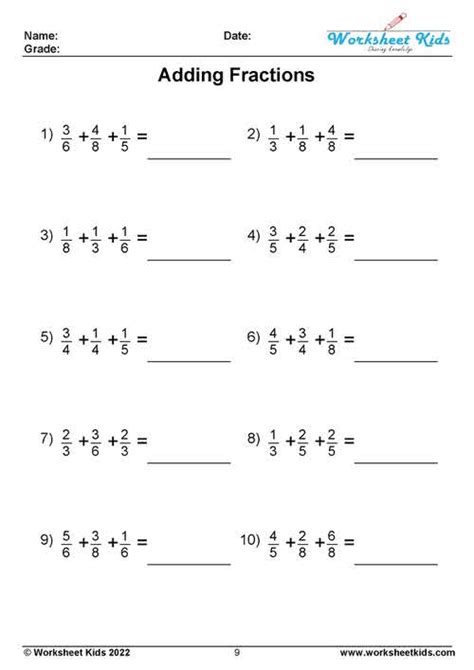Adding And Subtracting Unlike Fractions Worksheets