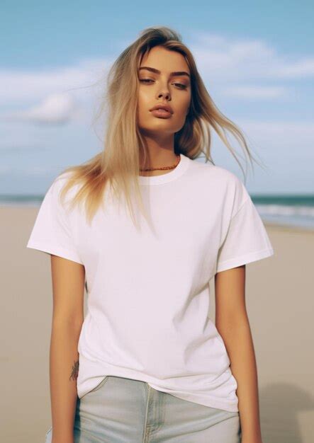 Premium Ai Image Beautiful Blond Surfer Woman Wearing Blank White