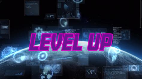 animation of level up text and data processing with globe on black
