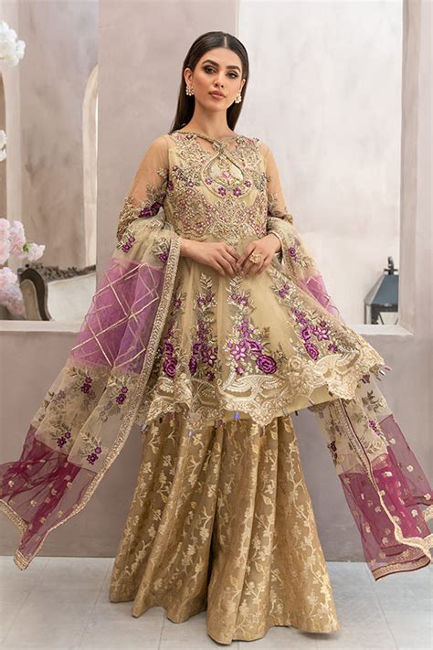 Royal Embroidered Pakistani Frock Sharara Dress For Eid Nameera By Farooq