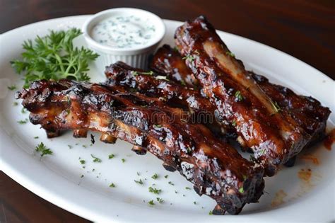 Grilled Seasoned Pork Ribs And Sauce On White Plate Juicy Roasted