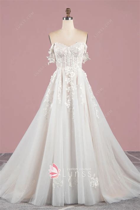 Floral Lace Ethereal Tulle Nude Satin Lining Wedding Gown Lunss