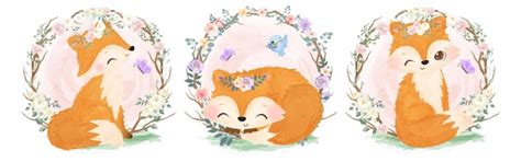 수채화에 귀여운 아기 여우 컬렉션 세트 프리미엄 벡터