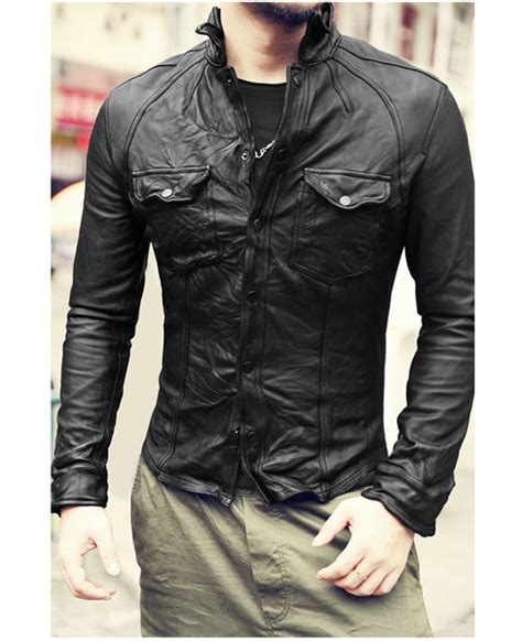 Mens Springautumn Retro Wrinkled Genuine Leather Slim Jacket Zorket