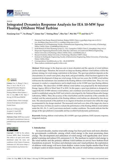 Pdf Integrated Dynamics Response Analysis For Iea 10 Mw Spar Floating Offshore Wind Turbine
