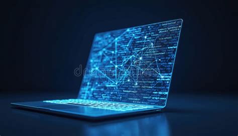 Futuristic Laptop Screen Shows Abstract Blue Geometric Design With Coding Programmers Work With