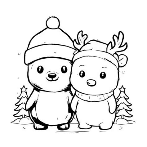Télécharger Deux adorables pingouins avec des bonnets d hiver et des bois de renne Pages de