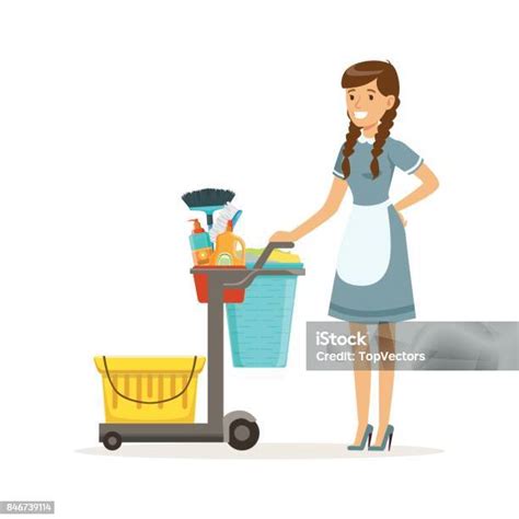청소부 카트 공급 및 장비 청소 호텔 벡터 일러스트 레이 션의 서비스의 전체와 함께 유니폼 서 입고 명랑 녀 캐릭터 드레스에