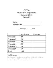 CS Midterm Exam Summer CS Analysis Of Algorithms Summer Exam III Name