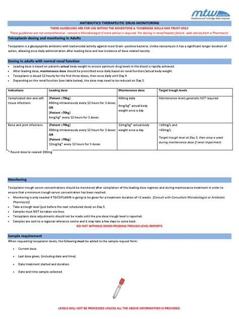 Teicoplanin Dosing And Monitoring In Adults Pdf Dose Biochemistry