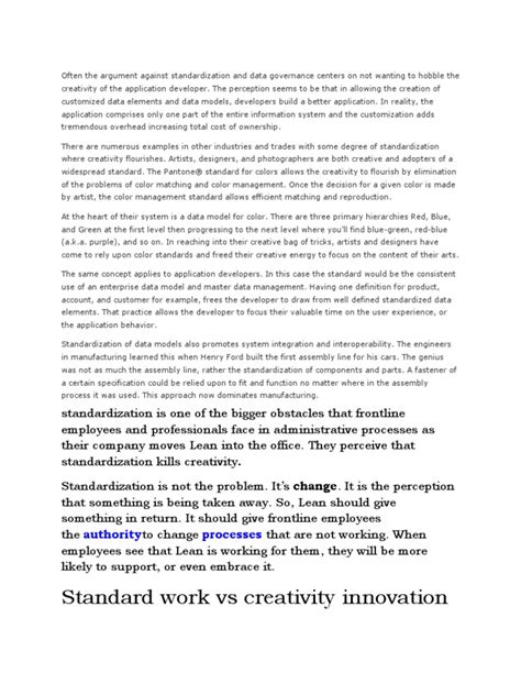 Standard Work Vs Creativity Innovation Authority Processes Pdf Standardization Creativity
