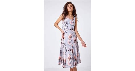 Roman Floral Bias Cut Fluted Hem Godet Midi Dress In Grey Lyst UK