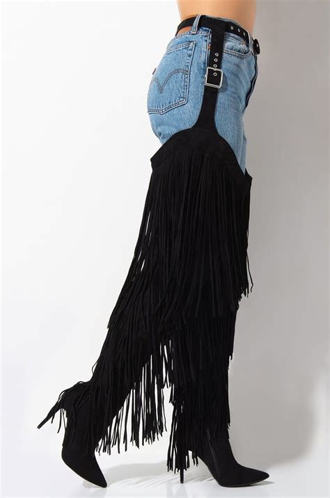 Tassel Fringe Belted Chaps Boots In 2024 High Heel Boots Knee
