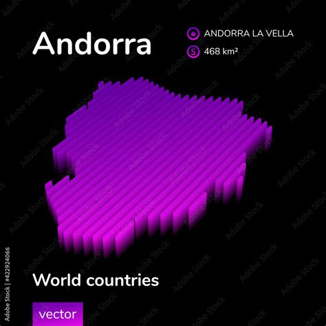 Stylized Neon Digital Isometric Striped Vector Andorra Map With 3d Effect Map Of Andorra Is In