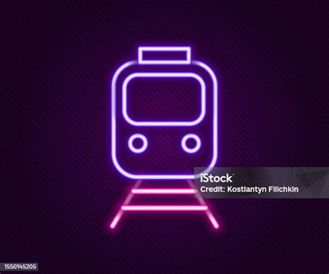 검은 색 배경에 고립 된 빛나는 네온 라인 기차와 철도 아이콘 대중 교통 기호 지하철 열차 교통편 지하철 지하 다채로운 개요