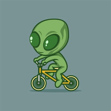 Alienígena Bonito Dos Desenhos Animados Andando De Bicicleta Vetor