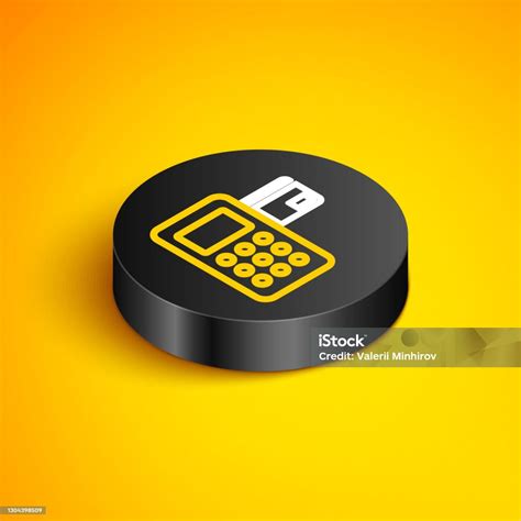 노란색 배경에 격리 된 신용 카드 아이콘이삽입 된 등색 라인 Pos 터미널 지불 터미널 트랜잭션 검은 색 원 버튼 벡터 0명에 대한 스톡 벡터 아트 및 기타 이미지 Istock