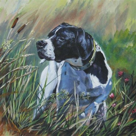 A Painting Of A Black And White Dog Sitting In Tall Grass