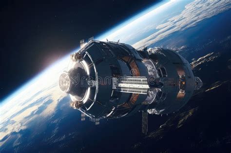 Futuristic Space Station With Advanced Technology And Sleek Design Orbiting The Earth Stock