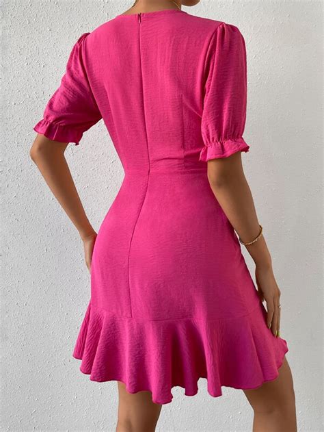Shein Privé Puff Sleeve Ruffle Trim Tie Side Wrap Dress Shein Usa