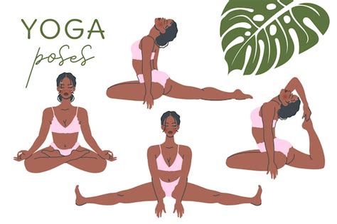 요가 포즈에 고립 된 흰색 배경 포즈의 집합 요가 포즈 스트레칭 명상 및 호흡 연습 건강 한 라이프 스타일 스포츠 배너 포스터에