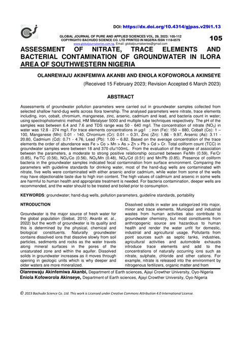Pdf Assessment Of Nitrate Trace Elements And Bacterial Contamination