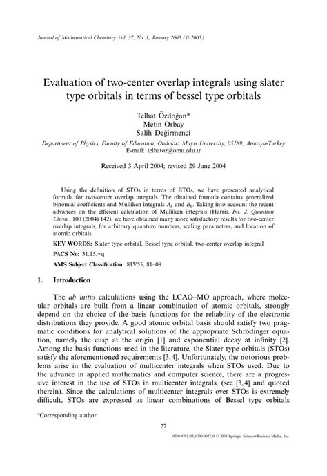 Pdf Evaluation Of Two Center Overlap Integrals Over Slater Type