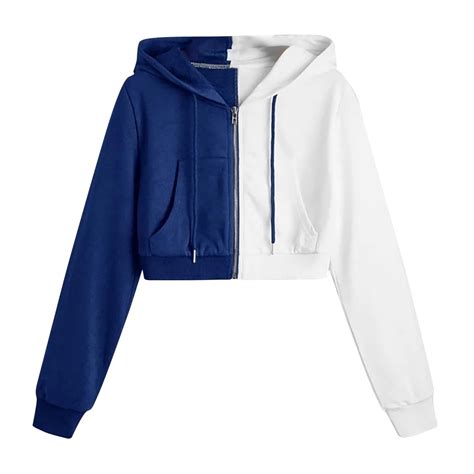 Yanhoo Womens Cropped Hoodies Color Block Full Zip Up Cute Sweatshirt