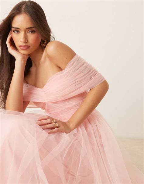 Lace And Beads Bow Off Shoulder Tulle Maxi Dress In Soft Pink Dresses