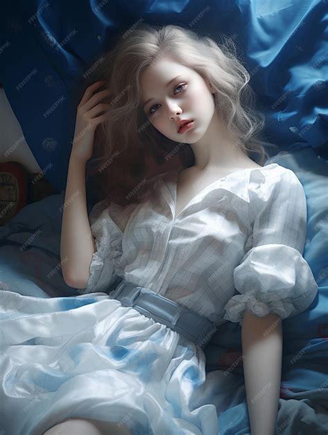 Premium Photo Young Woman Posing On Bed In Blue And White A Woman In