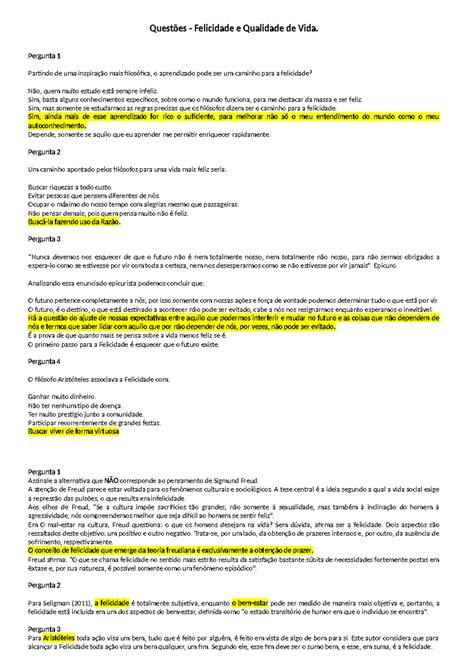 Felicidade e Qualidade de Vida Questões unidade 1 a 6 Questões