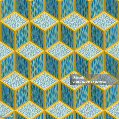 추상적인 기하학적 이음새가 없는 패턴 3d 큐브 배경 질감이 있는 금색 노란색 및 파란색 입방 모양 0명에 대한 스톡 벡터 아트