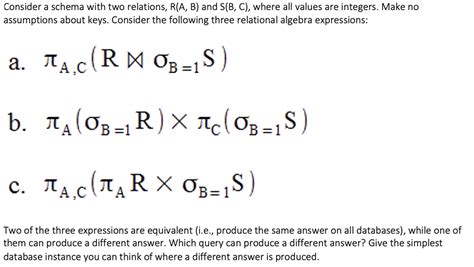 get answer consider a schema with two relations r a b and s b c
