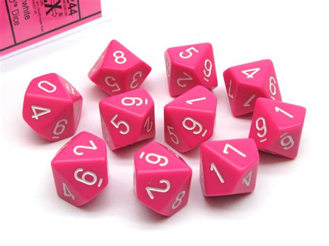 Pack Of 10 Opaque Chessex 10 Sided D10 Dice Pink With White Numbers