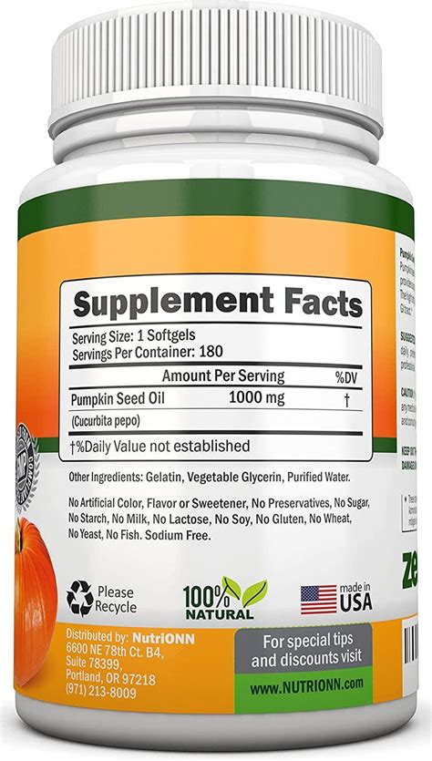 Pumpkin Seed Oil 1000mg 180 Softgels Cold Pressed Natural Source Of