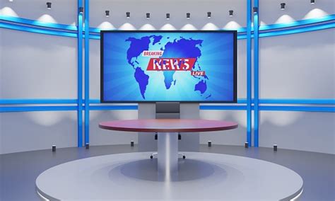 뉴스 스튜디오 룸에서 Led 스크린 배경이있는 스탠드의 나무 테이블3d 렌더링 가정의 방에 대한 스톡 사진 및 기타 이미지