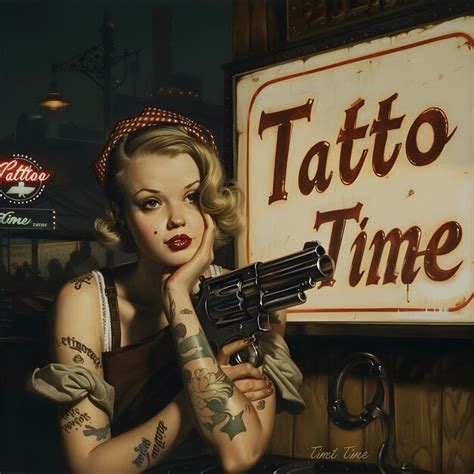 A Woman Holding A Gun And A Sign That Says Tattoo Time Premium Ai