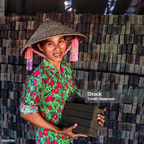 Vietnamese Woman Working In Brick Factory Mekong River Delta Vietnam