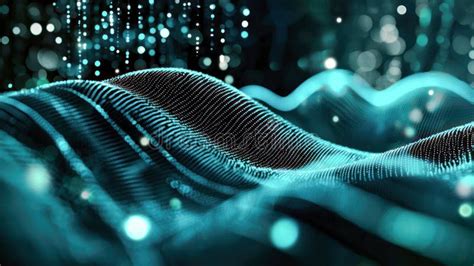 Glowing Blue Light Waves And Sparkling Particles Flow Across A Dark Background Stock