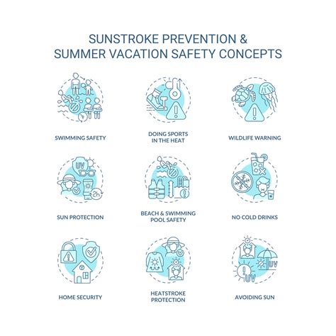 Sunstroke Prevention Concept Icons Set Summer Vacation Safety Idea Thin Line Color