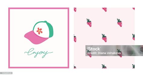 여름 Y2k 컬렉션 손으로 그린 긍정적 인 히피 야구 모자 카드 타이포그래피 슬로건을 즐기십시오 딸기와 화려한 원활한 패턴 개성 개념에 대한 스톡 벡터 아트 및 기타 이미지