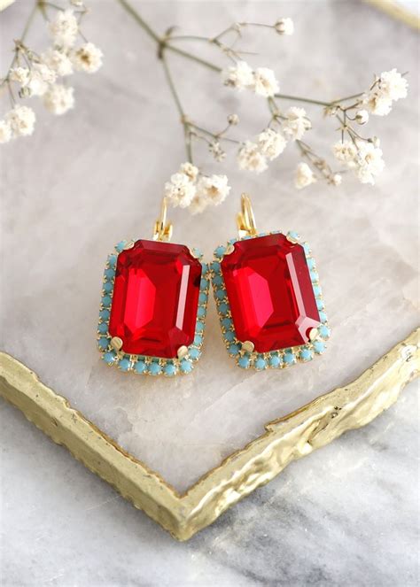 Red Crystal Drop Earrings Bridal Red Ruby Earrings Gold Turquoise Red
