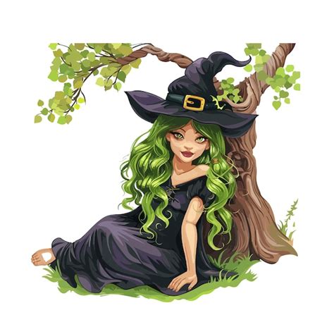 Premium Vector A Witch With Green Hair Sits Under A Tree With A Witch Hat On