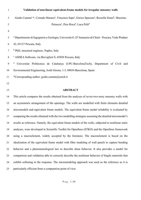 Pdf Validation Of Non Linear Equivalent Frame Models For Irregular Masonry Walls