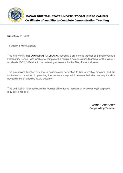 Certification Dms Certificate Davao Oriental State University San Isidro Campus Certificate