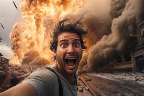 Premium Photo Man Defying Natural Disasters In Selfie Format