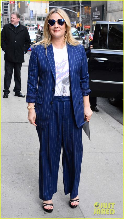 Drew Barrymore Dons Striped Blue Suit For Colbert Appearance Photo